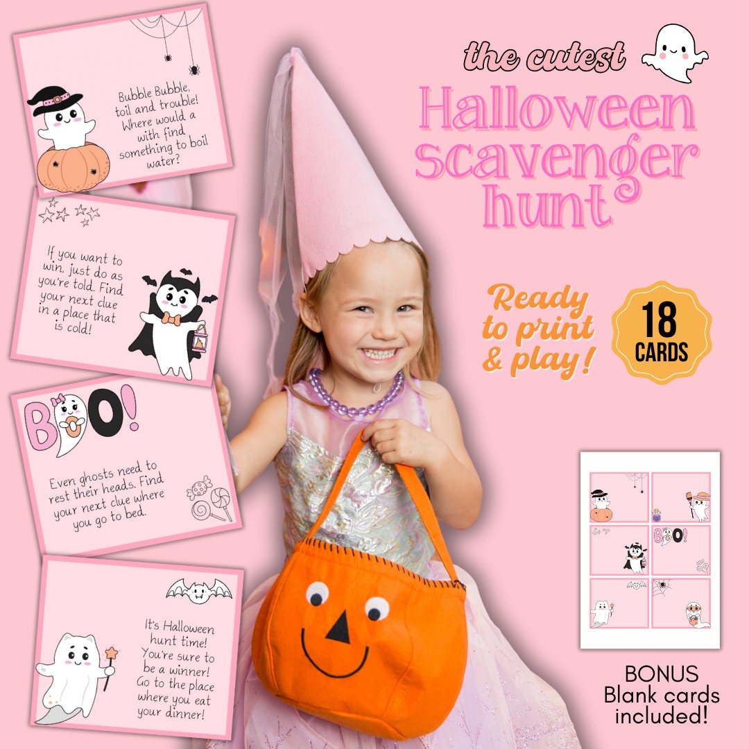 Pink Halloween Scavenger Hunt for Kids, Kids Treasure Hunt Clues, Cute ...