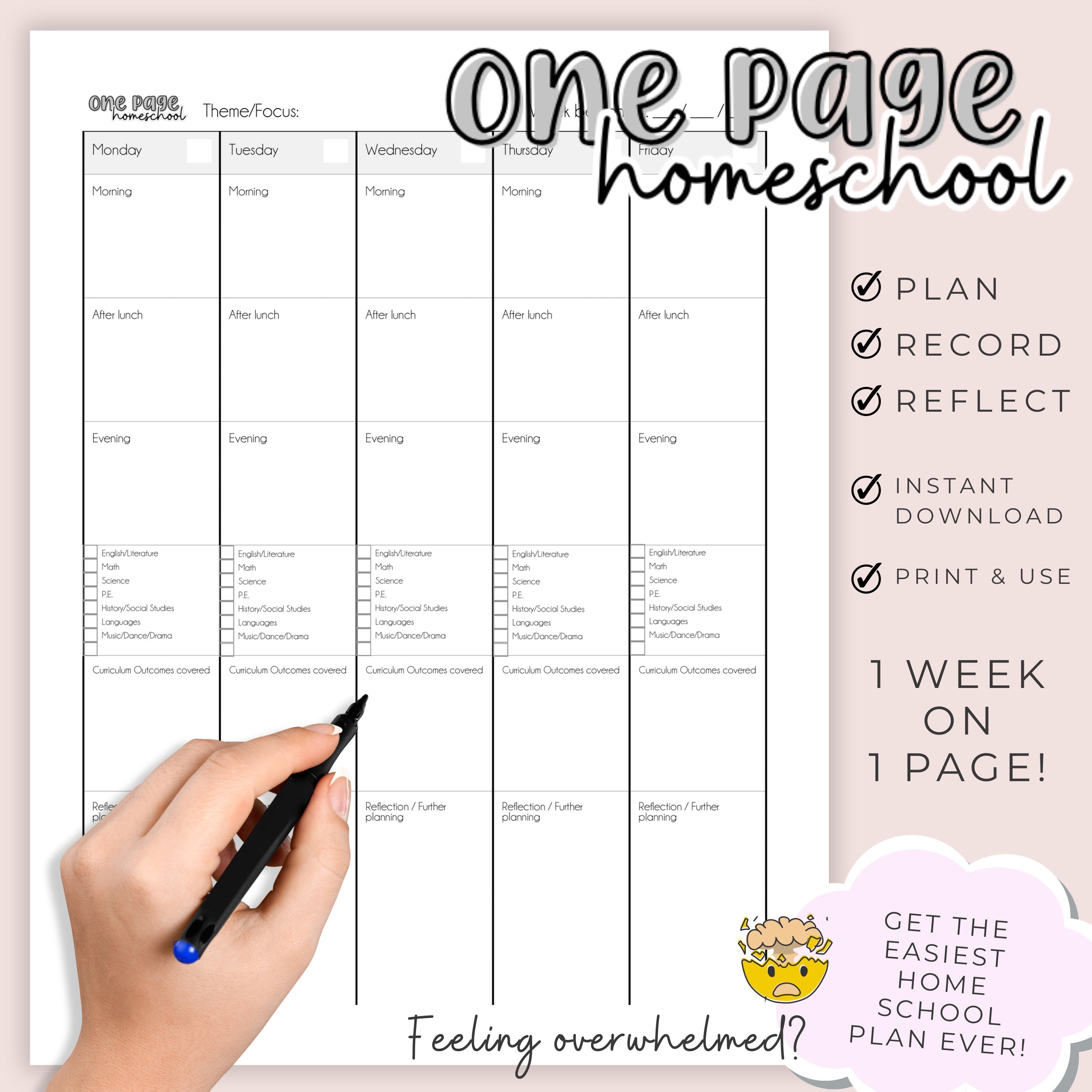 Homeschool Planner Simple Lesson Plan, Teacher Lesson Planner, One Page ...