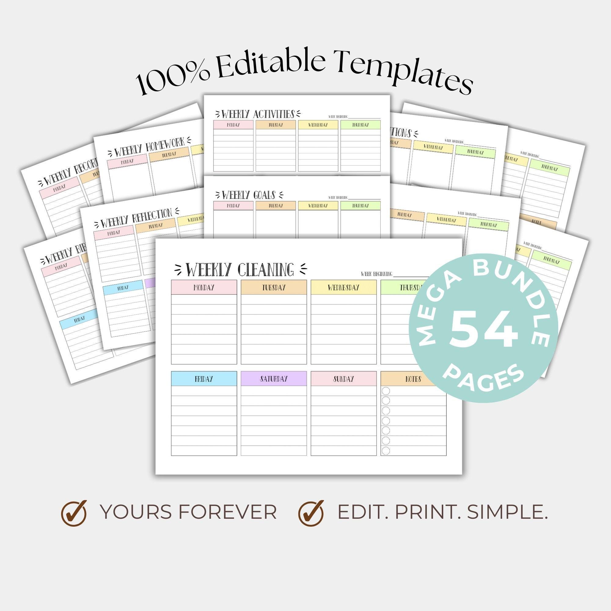 Weekly Cleaning Checklist Bundle, Editable Printable Chore Chart for ...