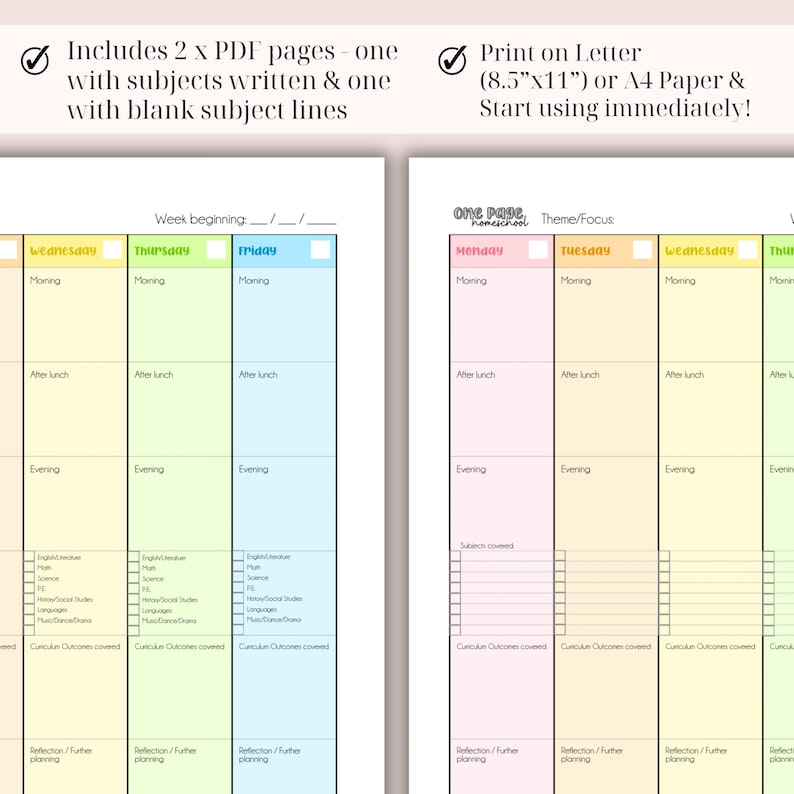 Homeschool Planner Simple Lesson Plan, Teacher Lesson Planner, One Page ...