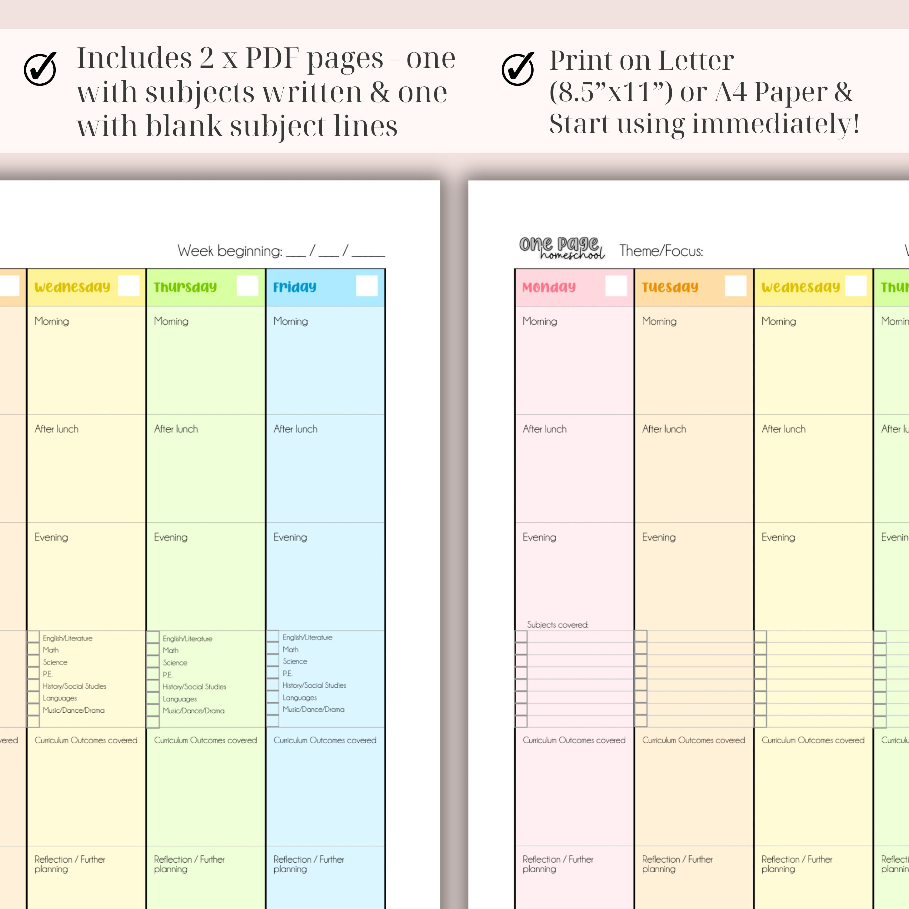 Homeschool Planner Simple Lesson Plan, Teacher Lesson Planner, One Page ...