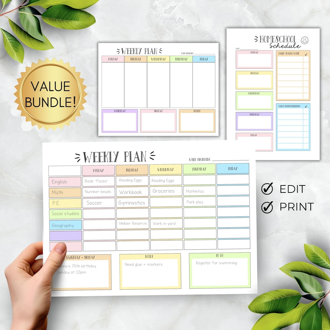 Weekly Plan Rainbow Homeschool Kids Printable Editable Schedule to Do ...