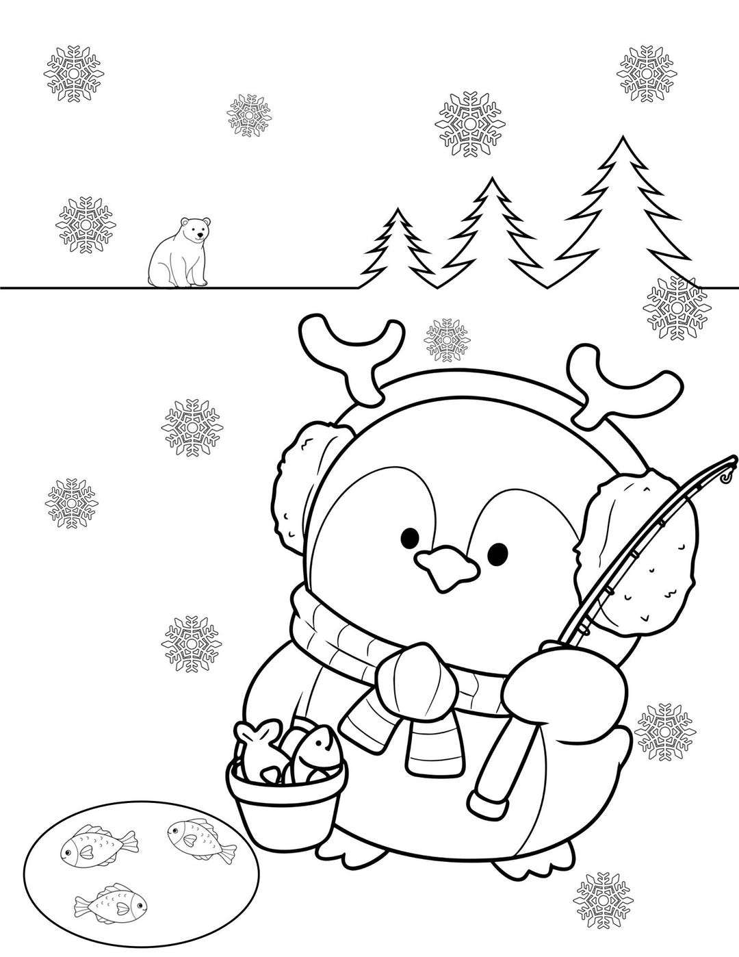 Cute Penguine Fishing Coloring Page With a Little Bonus CYBER MONDAY ...