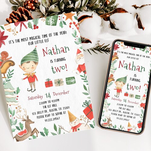 Editable Elf Christmas Birthday Party Invitation Neutral Elf - Etsy