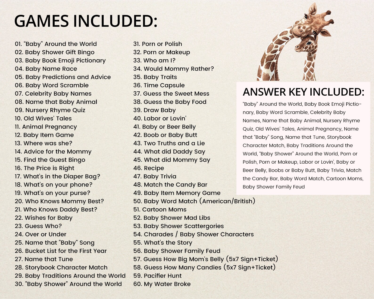 Editable Giraffe Baby Shower Game Bundle Greenery Giraffe - Etsy