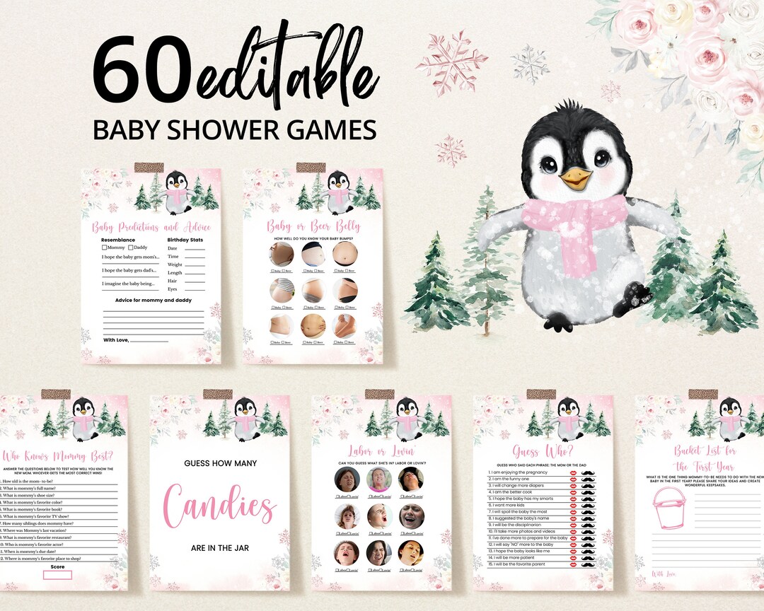 Editable Pink Winter Penguin Baby Shower Game Bundle, Baby It's Cold ...