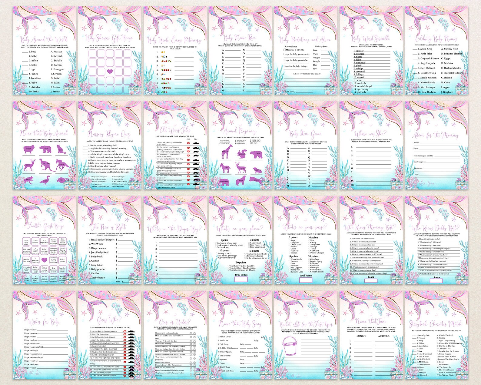 Editable Mermaid Baby Shower Game Bundle Under the Sea Baby - Etsy ...