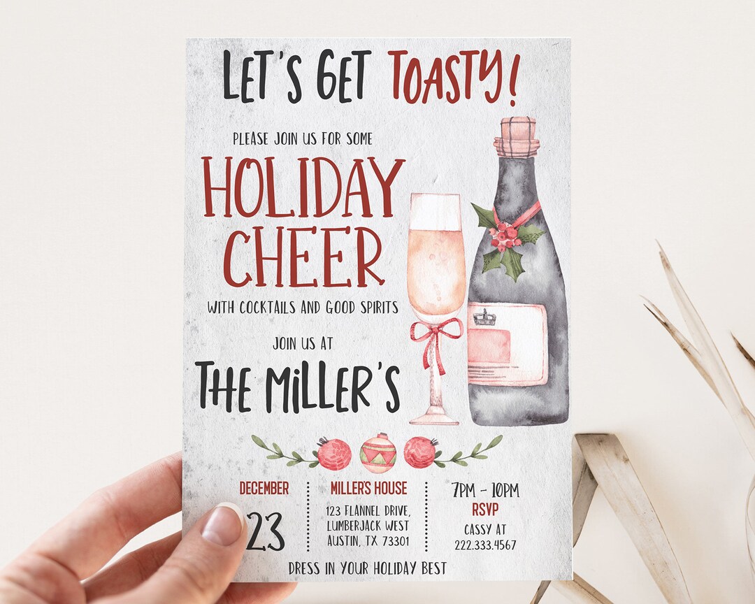 Editable Let's Get Toasty Holiday Cheer Christmas Party Invitation ...