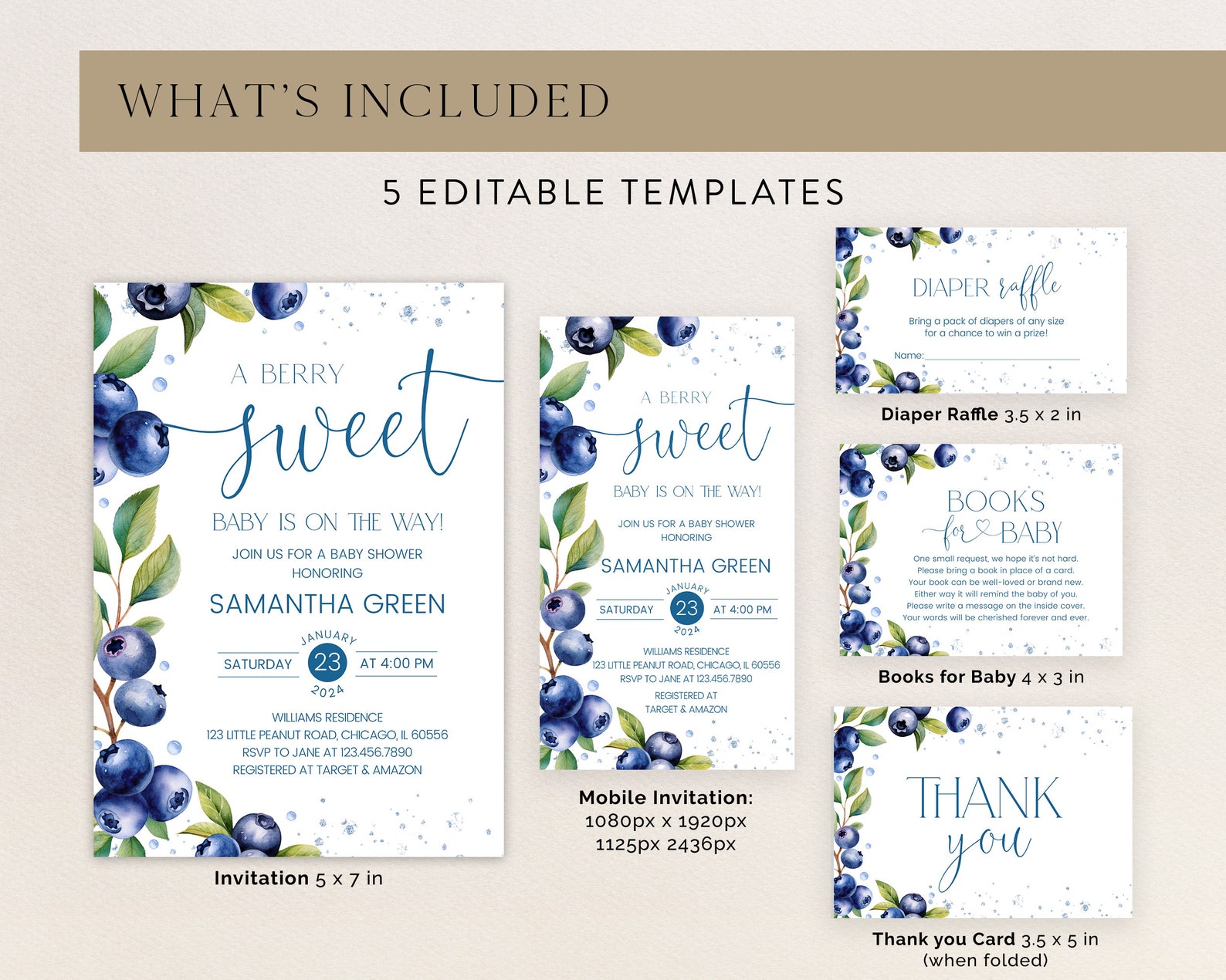Editable Blueberry Baby Shower Invitation Bundle, Berry Sweet Blueberry ...