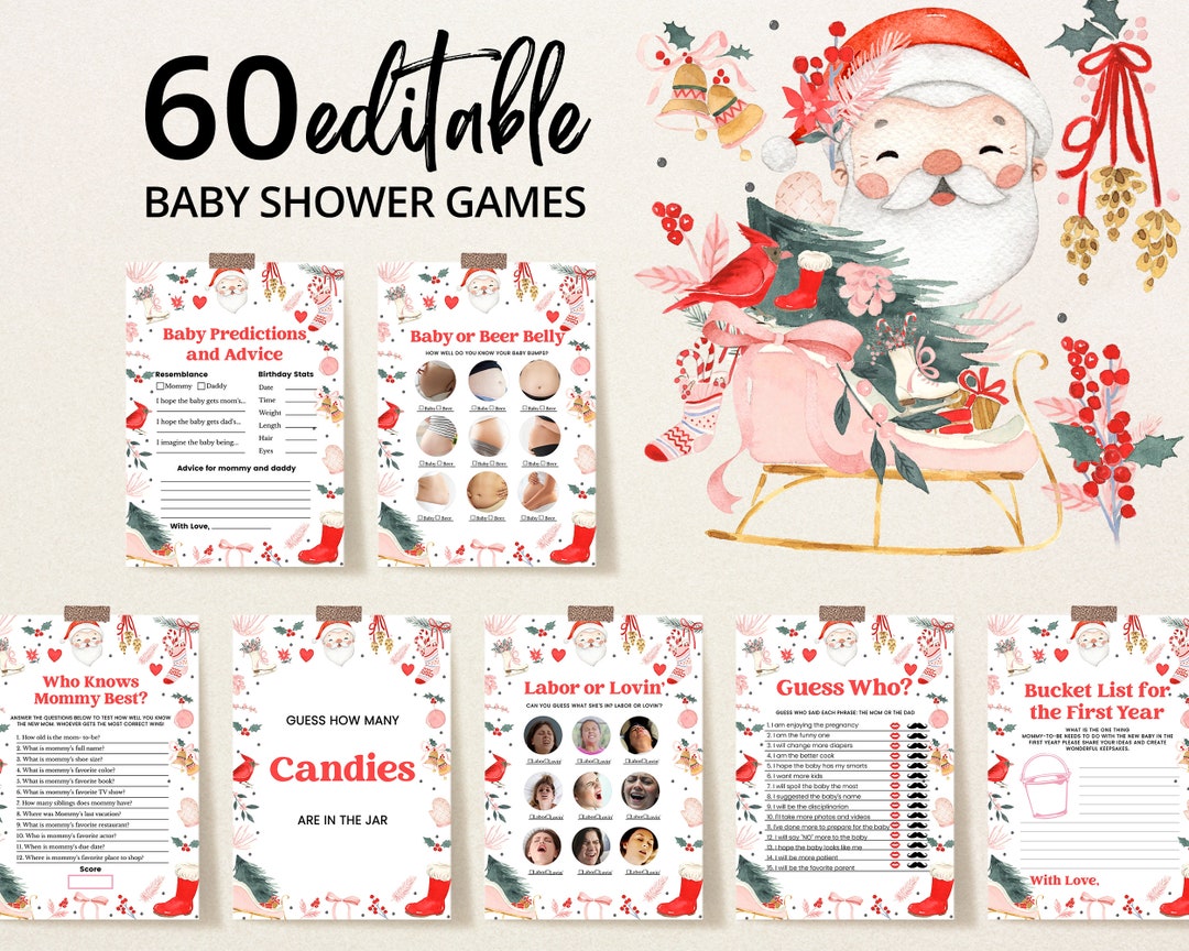 Editable Santa Baby Baby Shower Game Bundle, Girl Christmas Baby Shower ...
