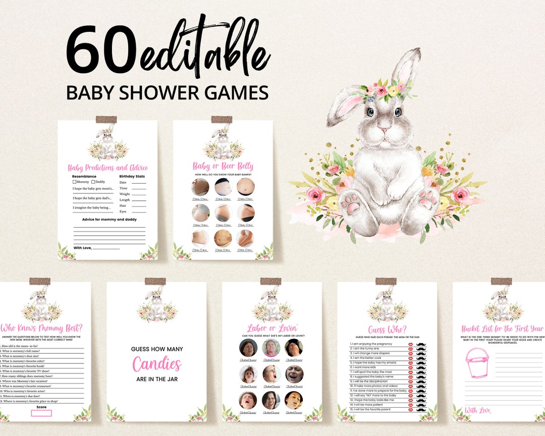 Editable Floral Rabbit Baby Shower Game Bundle, Pink Rabbit Baby Shower ...