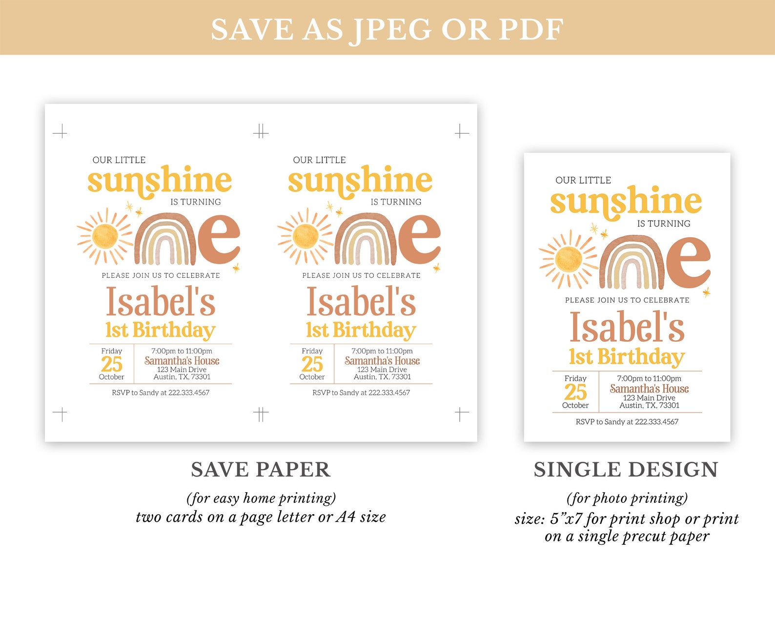 Editable Little Sunshine Birthday Invitation, Boho Sun Birthday Invite ...