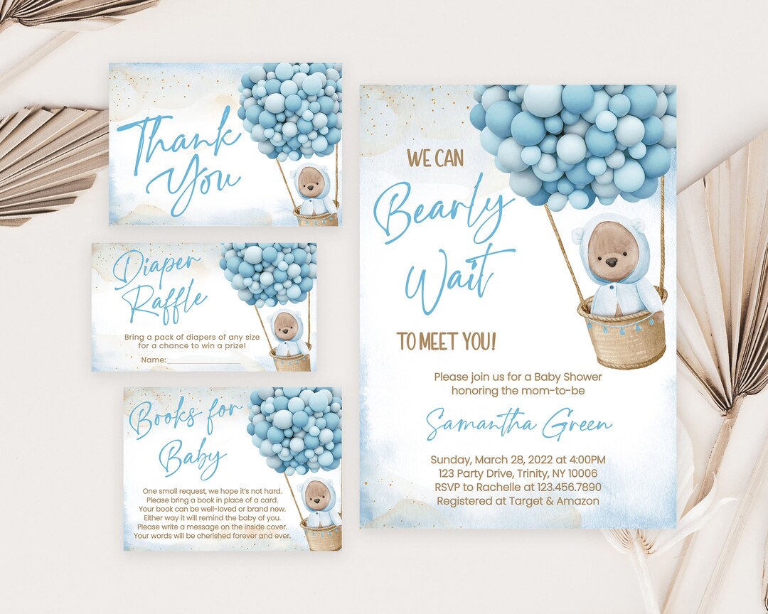 Editable Blue Bear Balloon Baby Shower Invitation Bundle, We Can Bearly ...