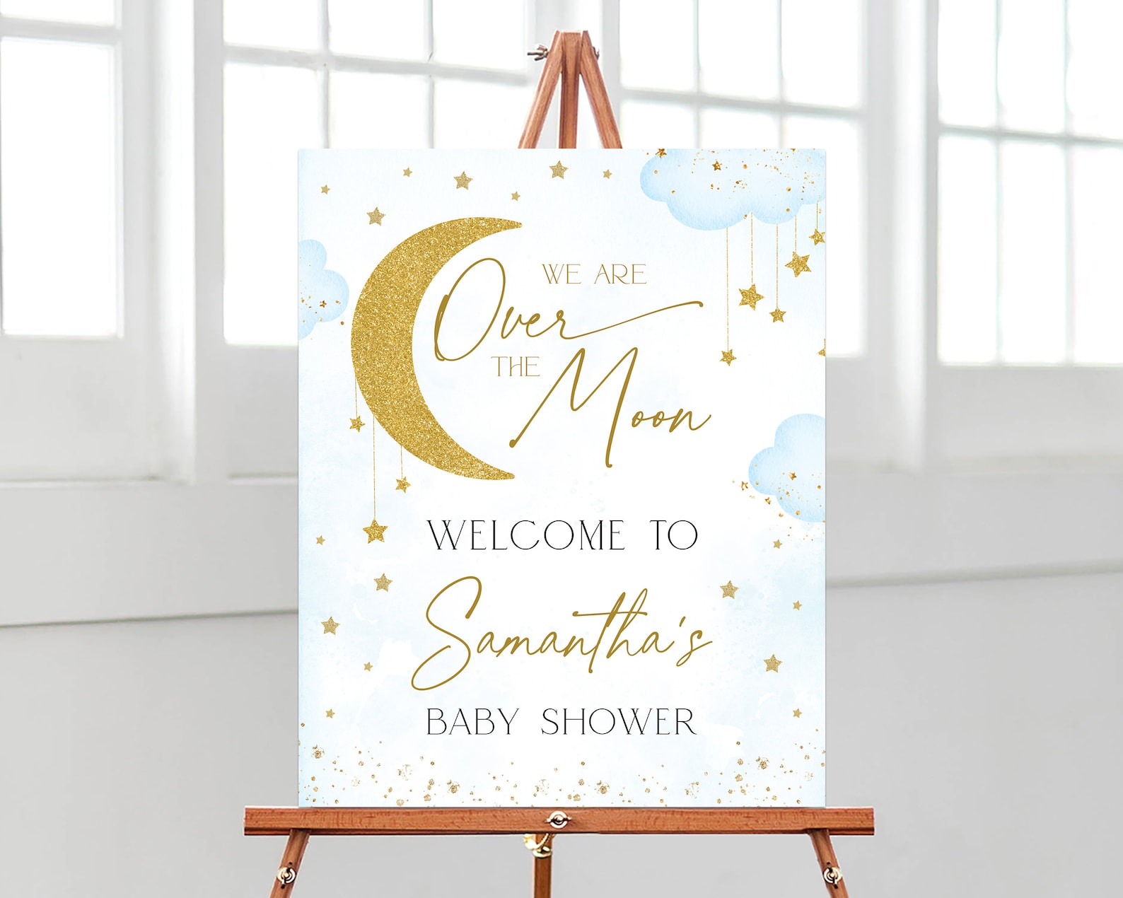 Editable Blue We Are Over the Moon Baby Shower Welcome Sign, Twinkle ...