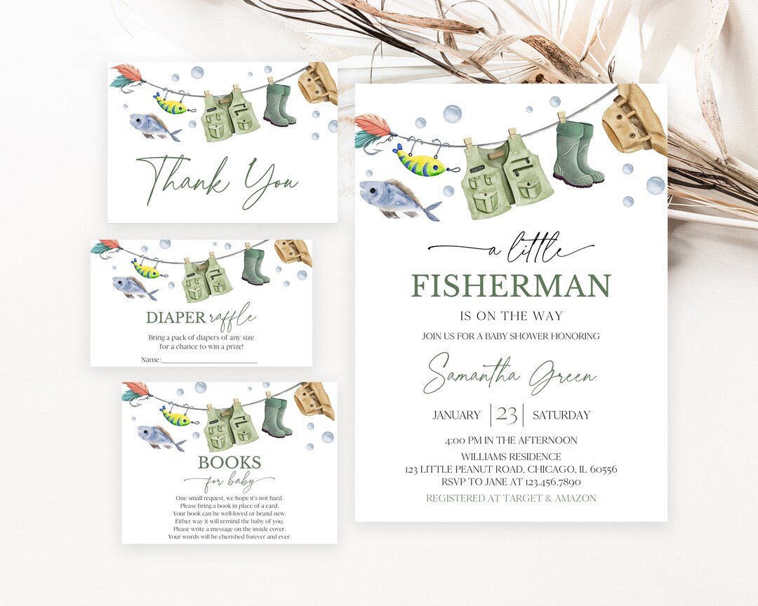 Editable A Little Fisherman Baby Shower Invitation Bundle, Boy Fishing ...
