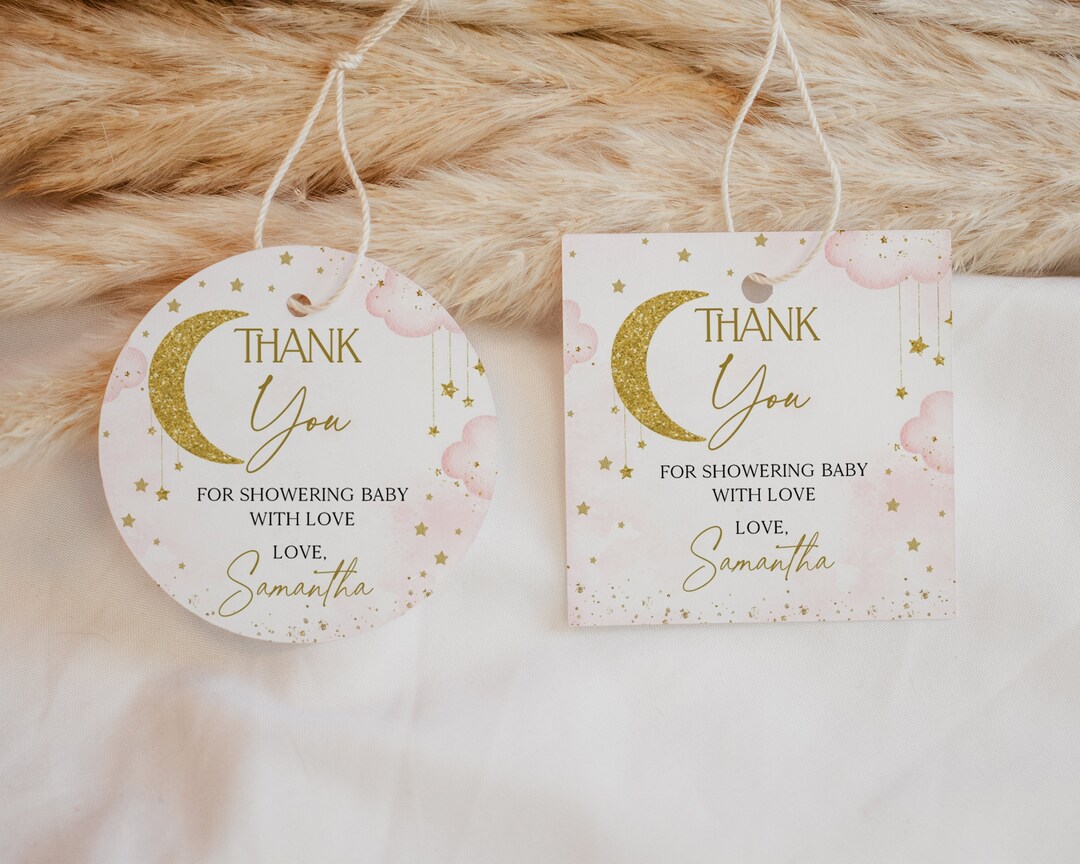 Editable Pink We Are Over the Moon Baby Shower Favor Tag, Twinkle ...