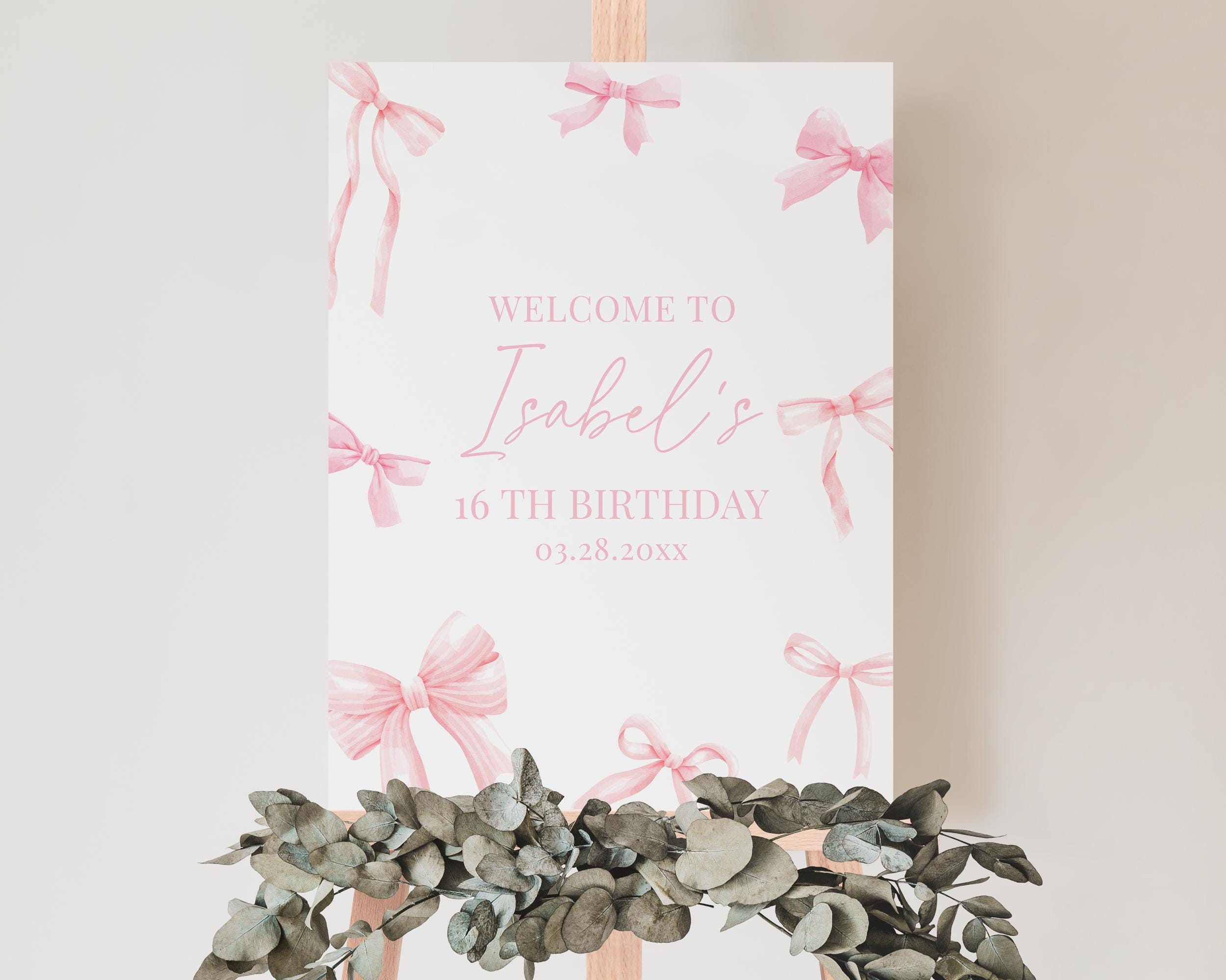Editable Pink Bow Birthday Welcome Sign, Pink Bow Girl Birthday Poster ...