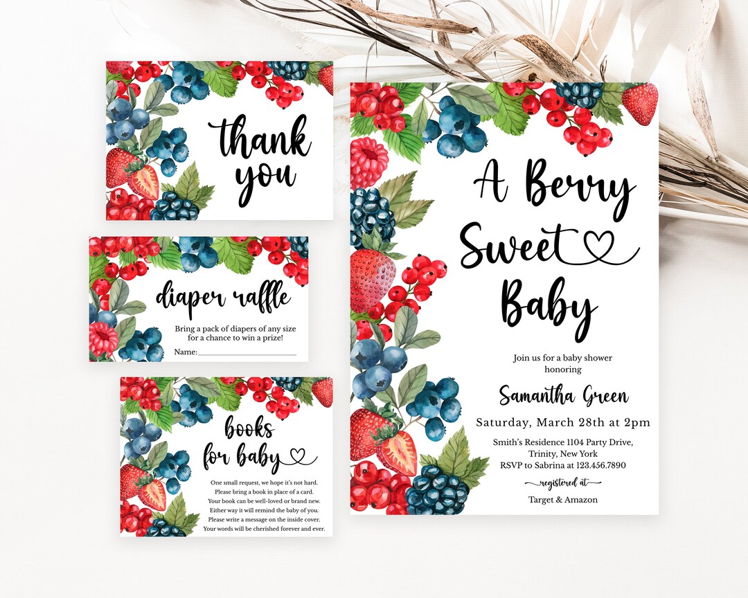 Editable Berry Sweet Baby Shower Invitation Bundle, Strawberry ...