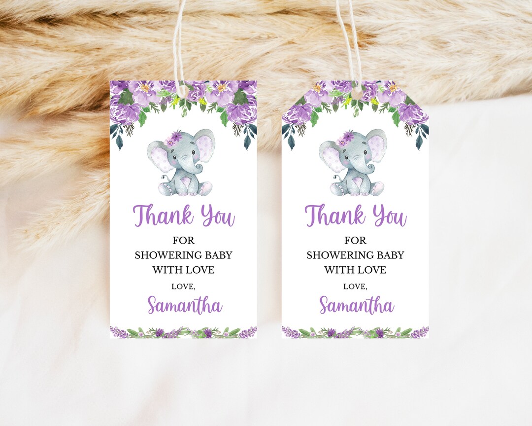 Editable Purple Elephant Baby Shower Favor Tag, Girl Elephant Baby ...