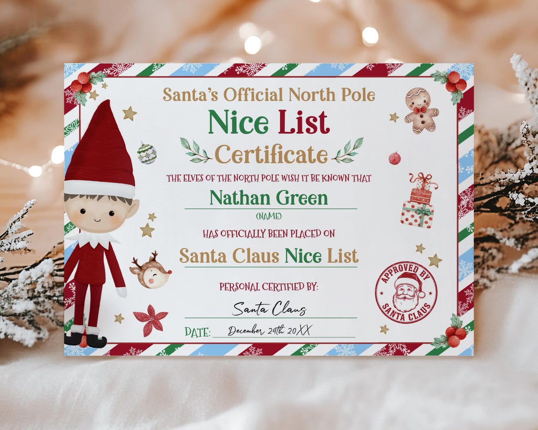 Editable Boy Elf Nice List Certificate, Printable Santa's Official ...