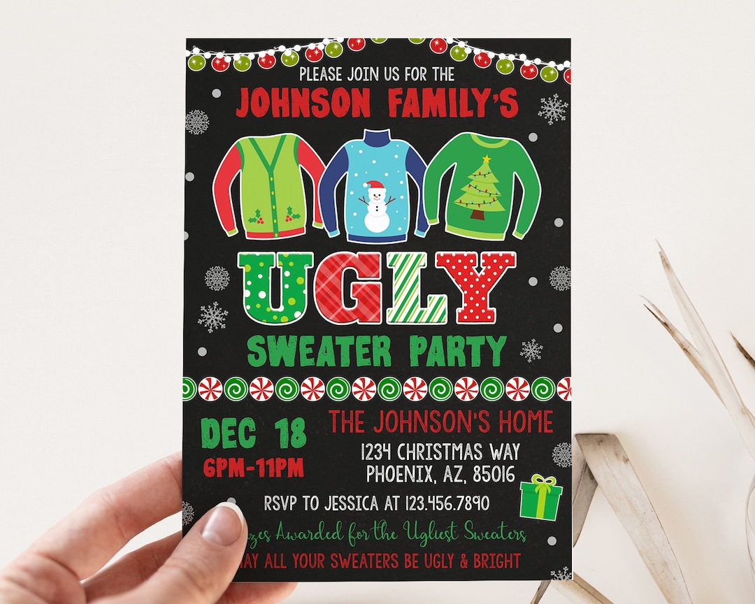 Editable Ugly Sweater Christmas Party Invitation, Holiday Sweater Party ...