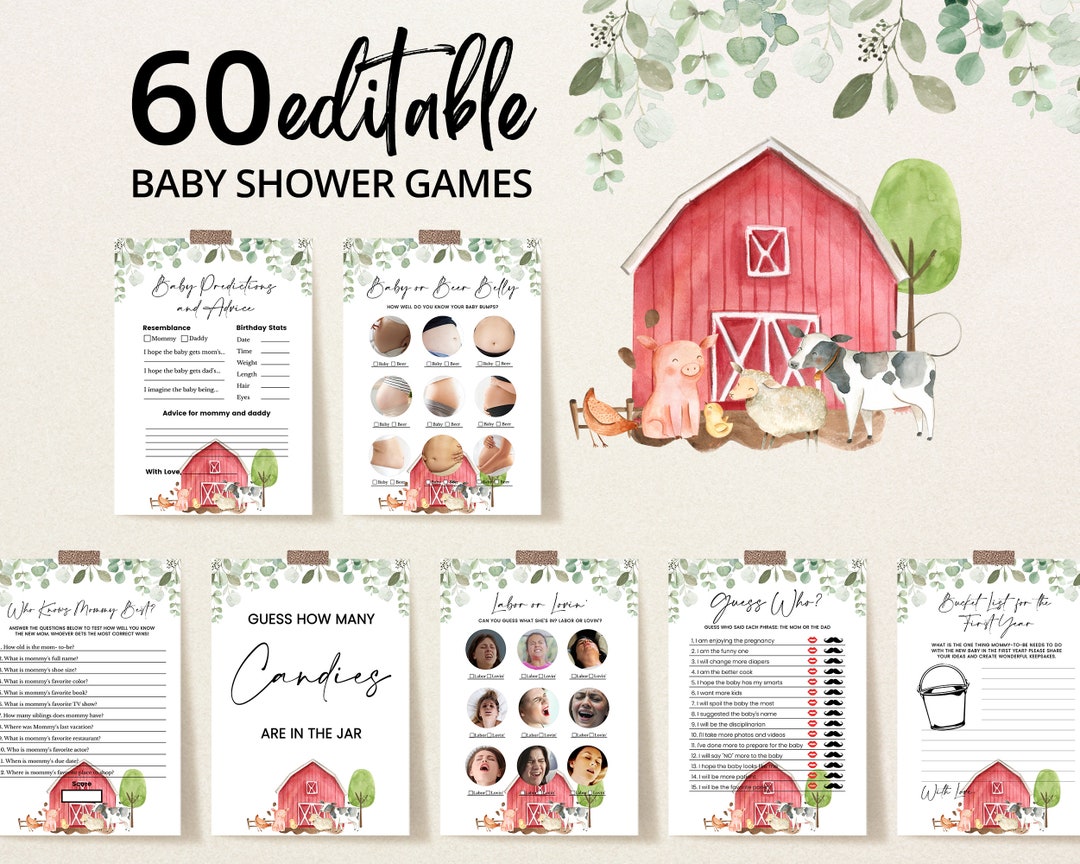 Editable Boy Farm Baby Shower Game Bundle, Greenery Farm Baby Shower ...