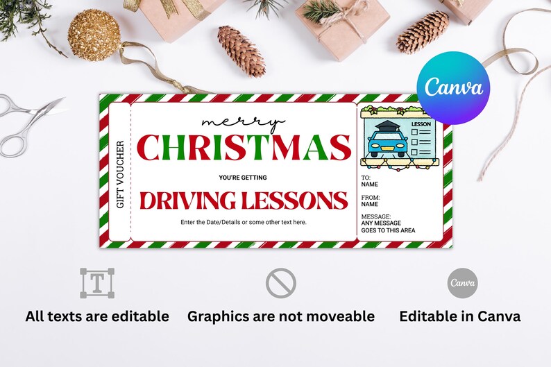 Editable Christmas Driving Lesson Gift Voucher, Driving School Gift ...