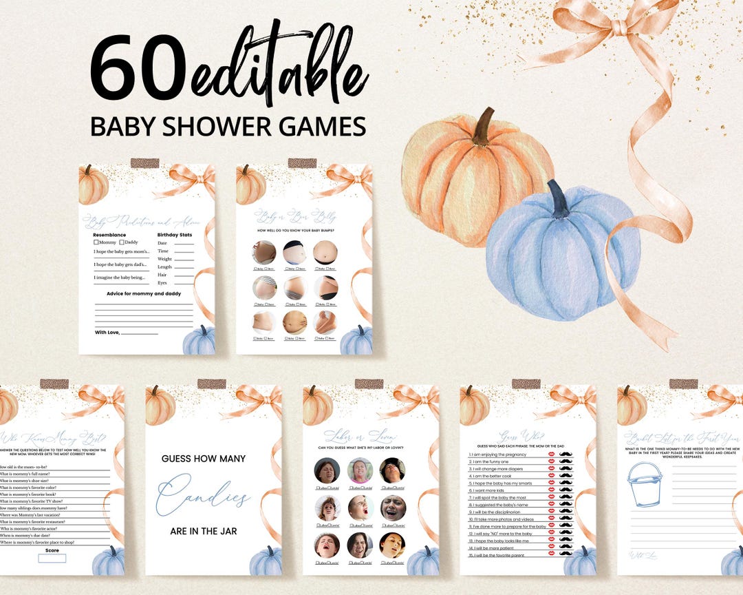 Editable Boy Blue Pumpkin Baby Shower Game Bundle, Fall Rustic Bow ...