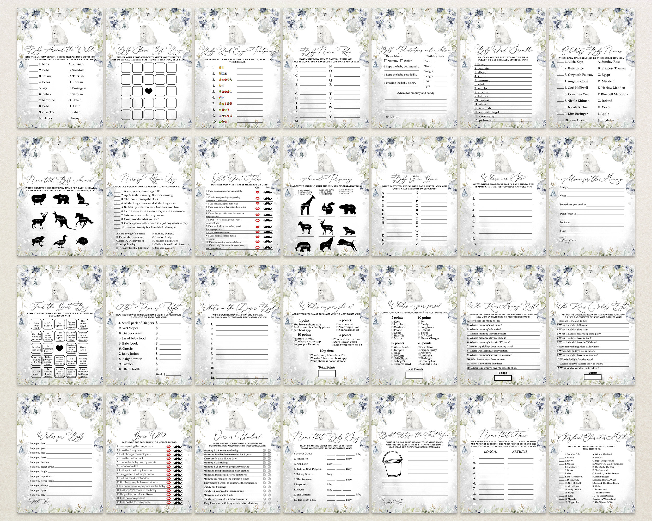 Editable Winter Polar Bear Baby Shower Game Bundle, Greenery Winter ...