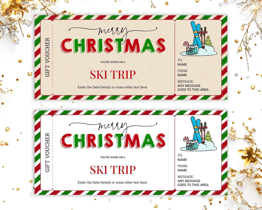 Editable Christmas Ski Ticket Gift Voucher, Skiing Trip Ticket Gift ...