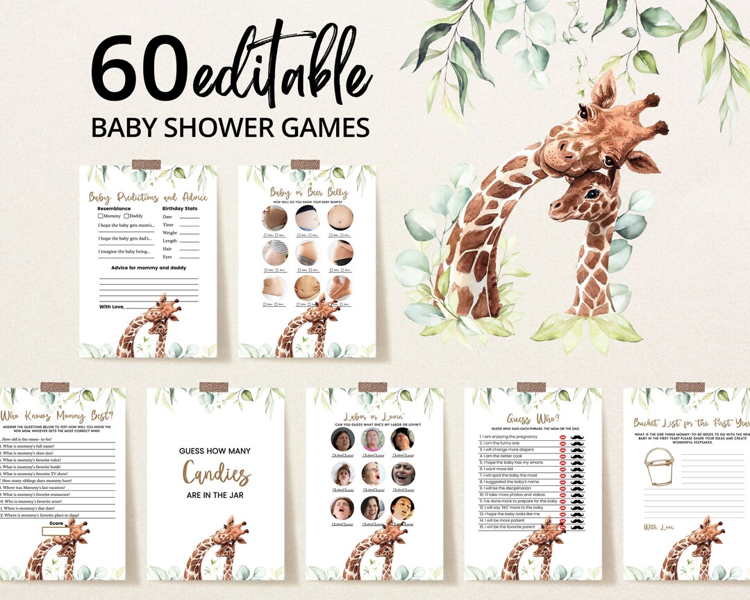 Editable Giraffe Baby Shower Game Bundle, Greenery Giraffe Baby Shower ...