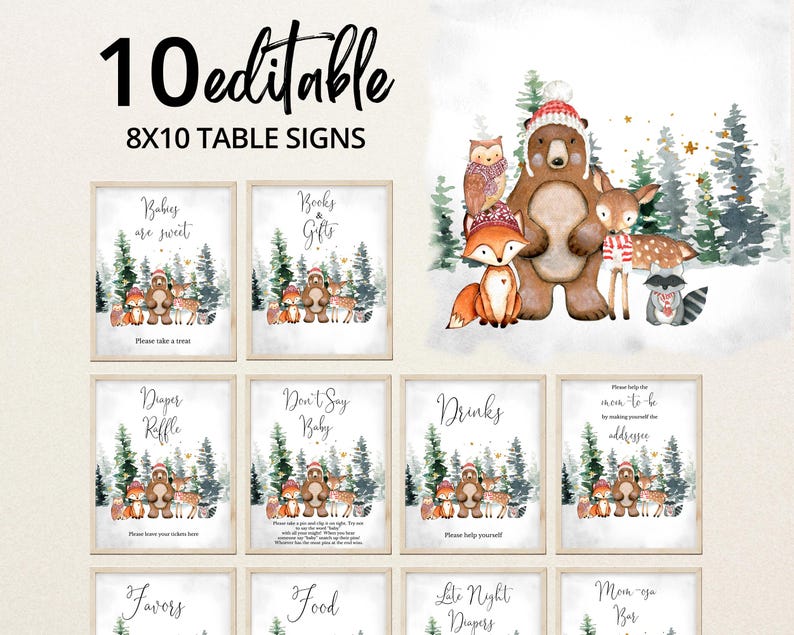 Editable Winter Woodland Baby Shower Table Sign, Neutral Woodland ...