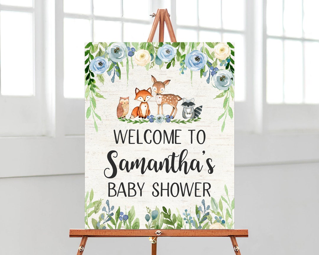 Editable Blue Floral Woodland Baby Shower Welcome Sign, Boy Woodland ...