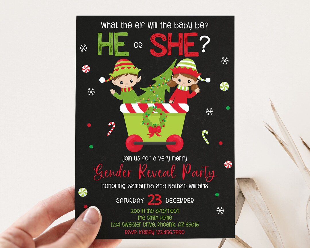 Editable What the Elf Will the Baby Be Gender Reveal Invitation, He or ...