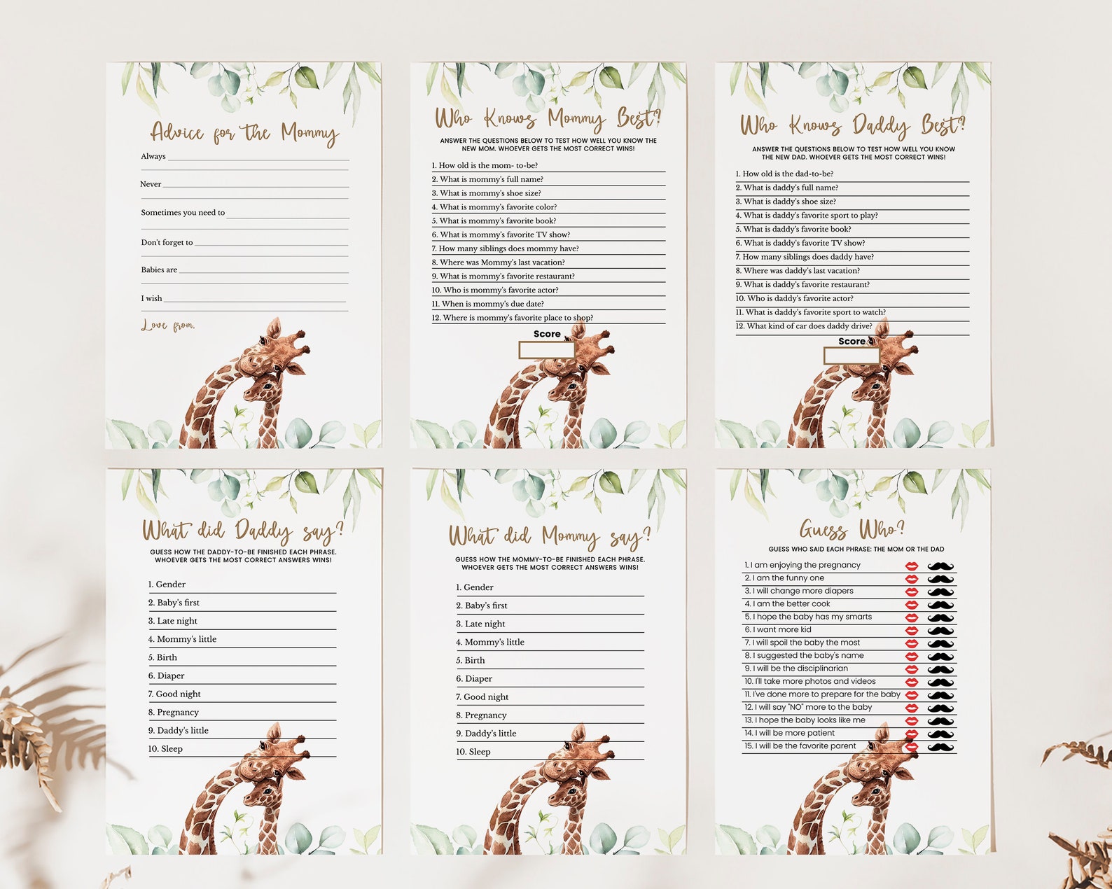 Editable Giraffe Baby Shower Game Bundle, Greenery Giraffe Baby Shower ...