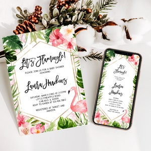 Editable Floral Flamingo Baby Shower Invitation, Tropical Flamingo Baby ...