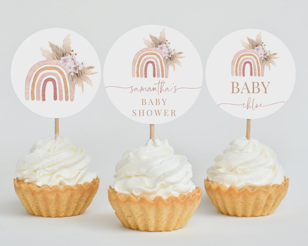 Editable Boho Rainbow Baby Shower Cupcake Topper, Rustic Rainbow Baby Shower Cake Topper, Girl ...