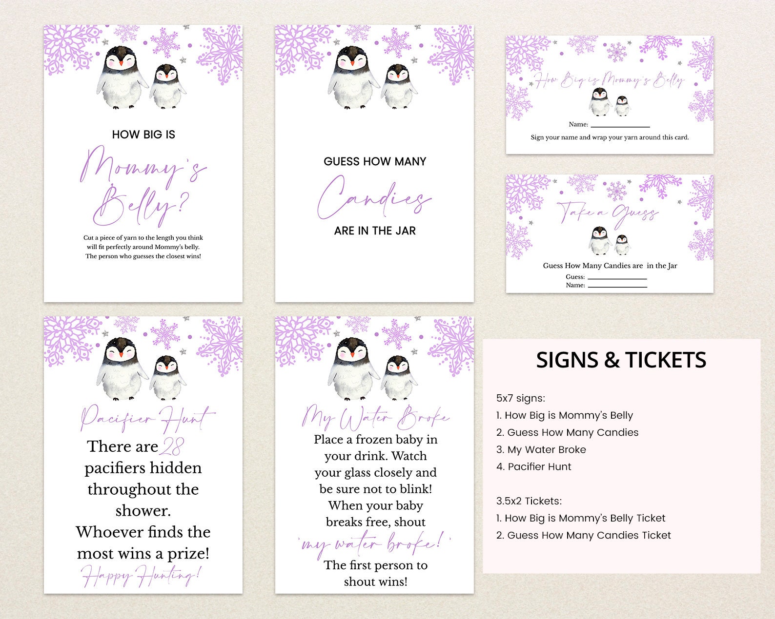 Editable Winter Penguin Baby Shower Game Bundle Purple - Etsy