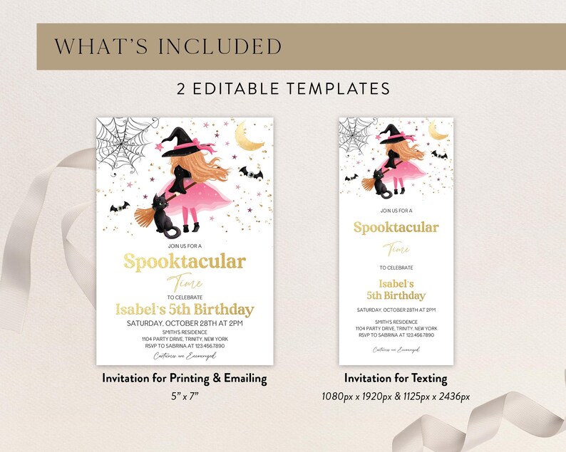 Editable Pink Witch Halloween Birthday Invitation, Girl Spooktacular ...