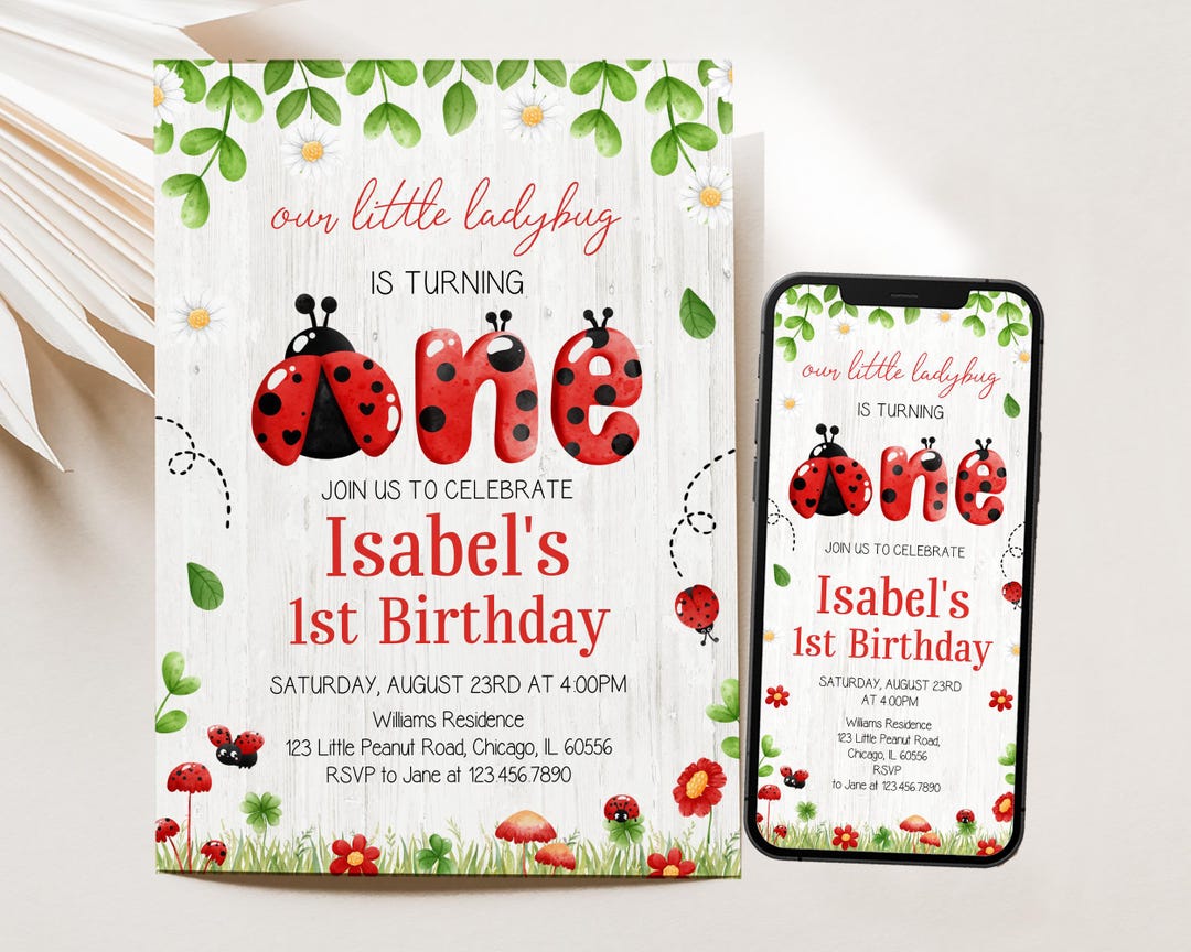 Editable Little Ladybug Birthday Invitation, Red Lady Bug Girl Birthday ...
