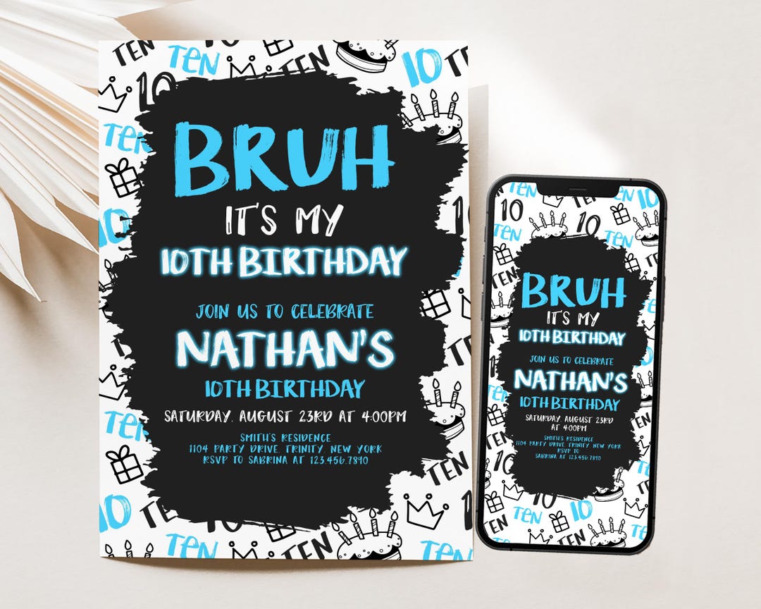 Editable Bruh Birthday Invitation, Boy Blue Bruh Birthday Invite ...