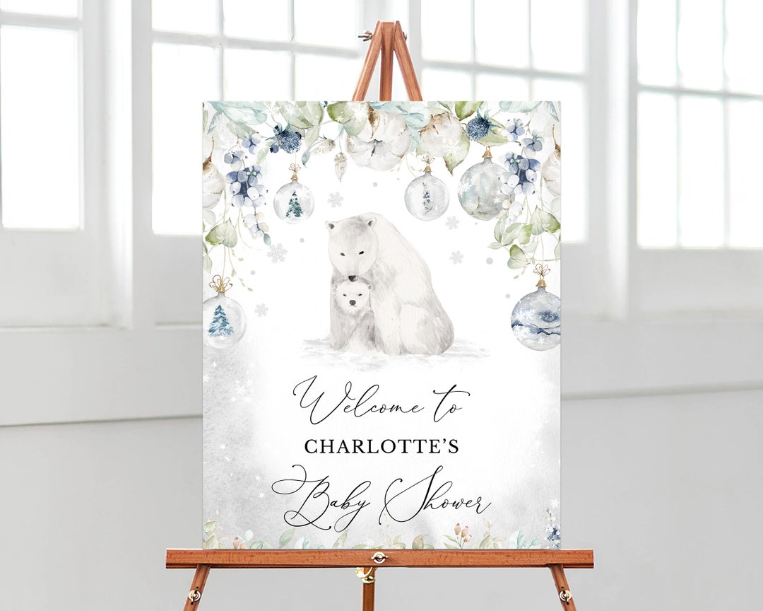 Editable Winter Polar Bear Baby Shower Welcome Sign, Greenery Winter ...