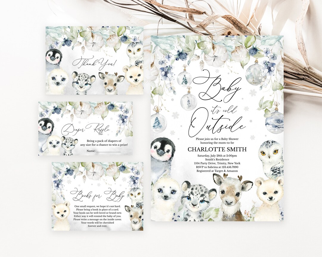 Editable Winter Arctic Animals Baby Shower Invitation Bundle, Greenery ...