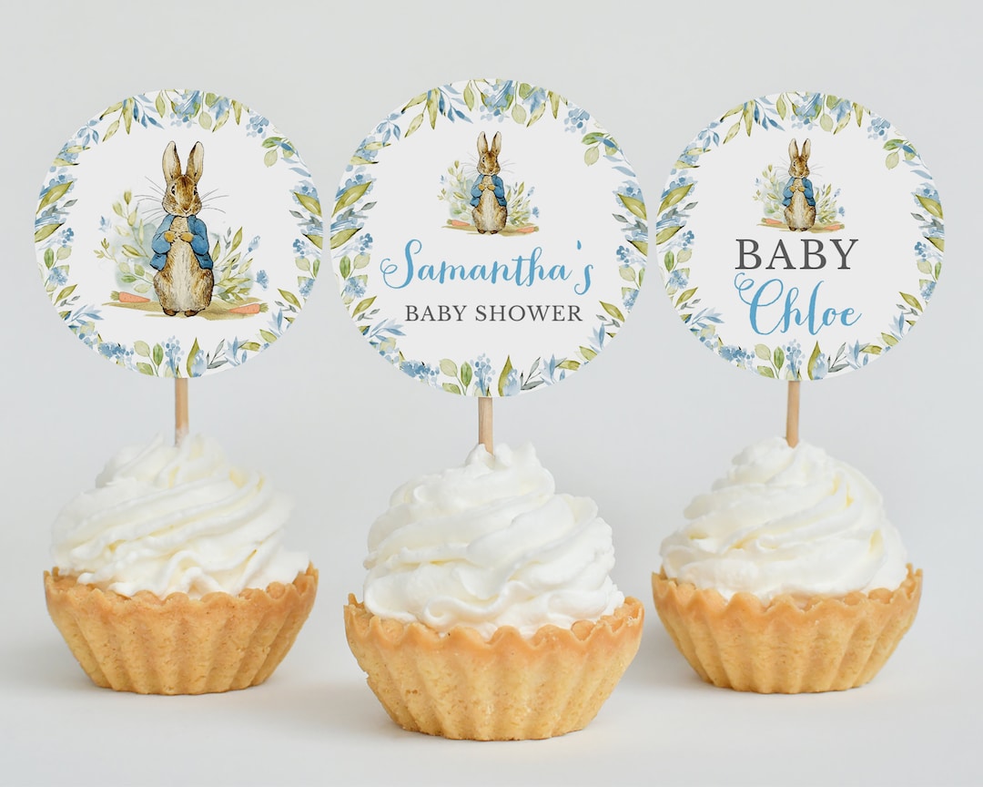 Editable Peter Rabbit Baby Shower Cupcake Topper, Blue Peter Rabbit ...