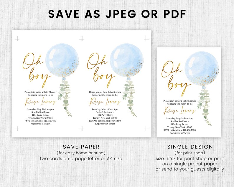 Editable Oh Boy Baby Shower Invitation Bundle Blue Balloon - Etsy