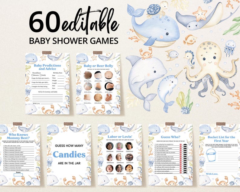 Editable Boy Under the Sea Baby Shower Game Bundle, Ocean Baby Shower ...