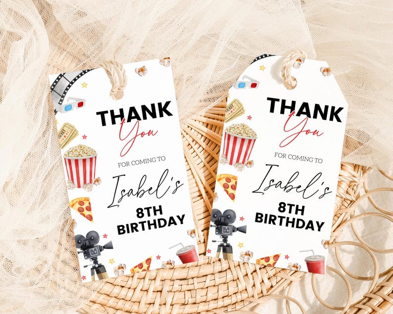 Editable Movie Night Birthday Party Favor Tag, Movie Birthday Party ...