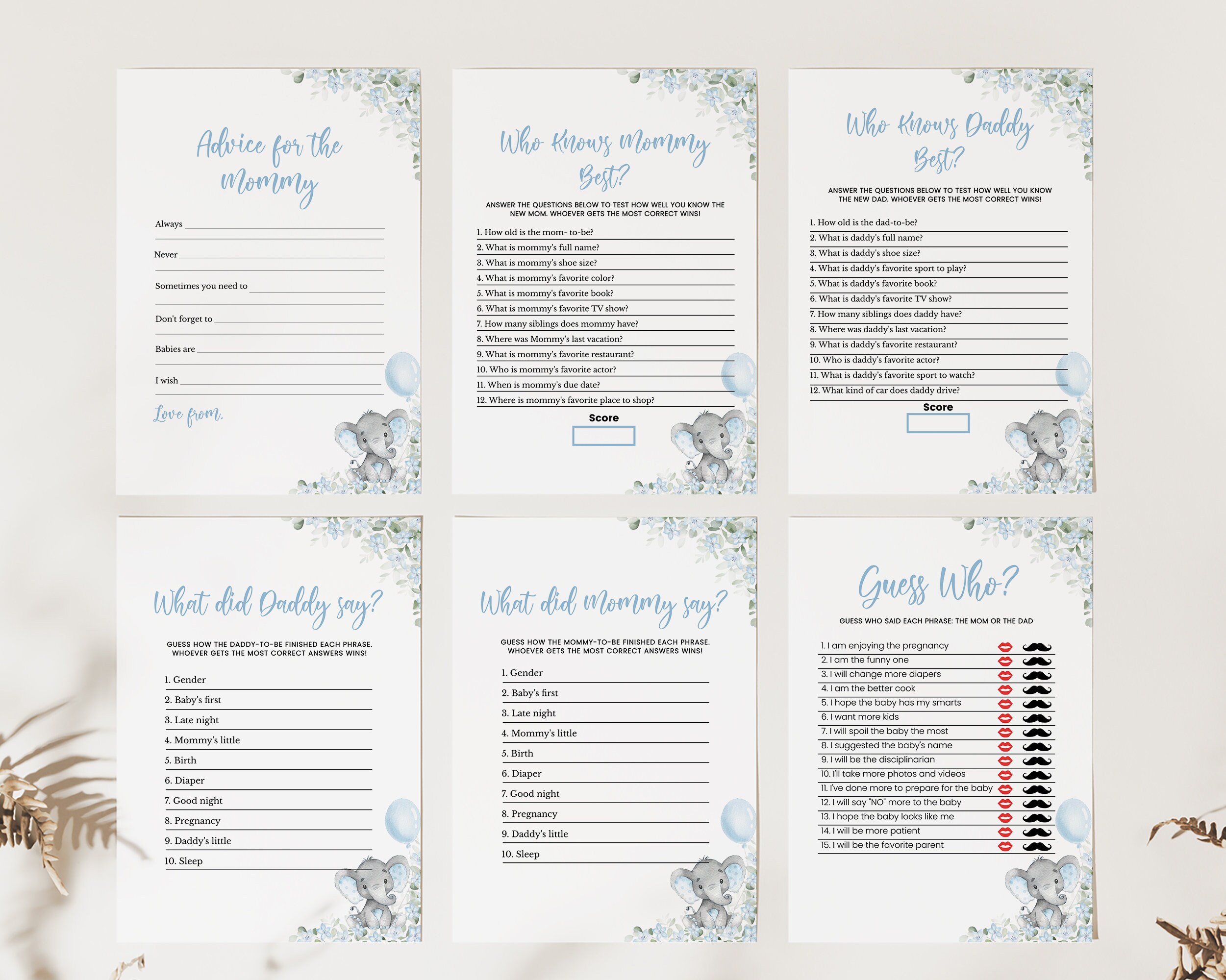 Editable Blue Elephant Baby Shower Game Bundle, Boy Elephant Baby ...