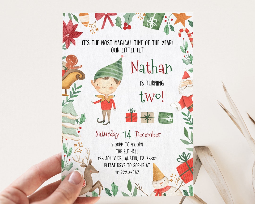 Editable Boy Santa Elf Birthday Invitation, Boy Christmas Elf Birthday ...