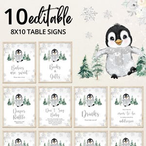 Editable Silver Penguin Baby Shower Table Sign, Gender Neutral Penguin ...